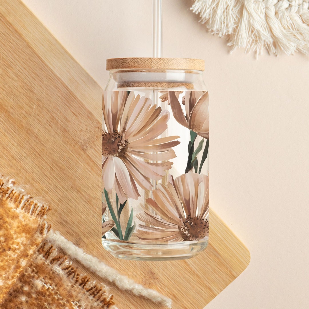 Floral Glass Tumbler 16oz Cottagecore Flowers Art Boho Iced Coffee Tea ...