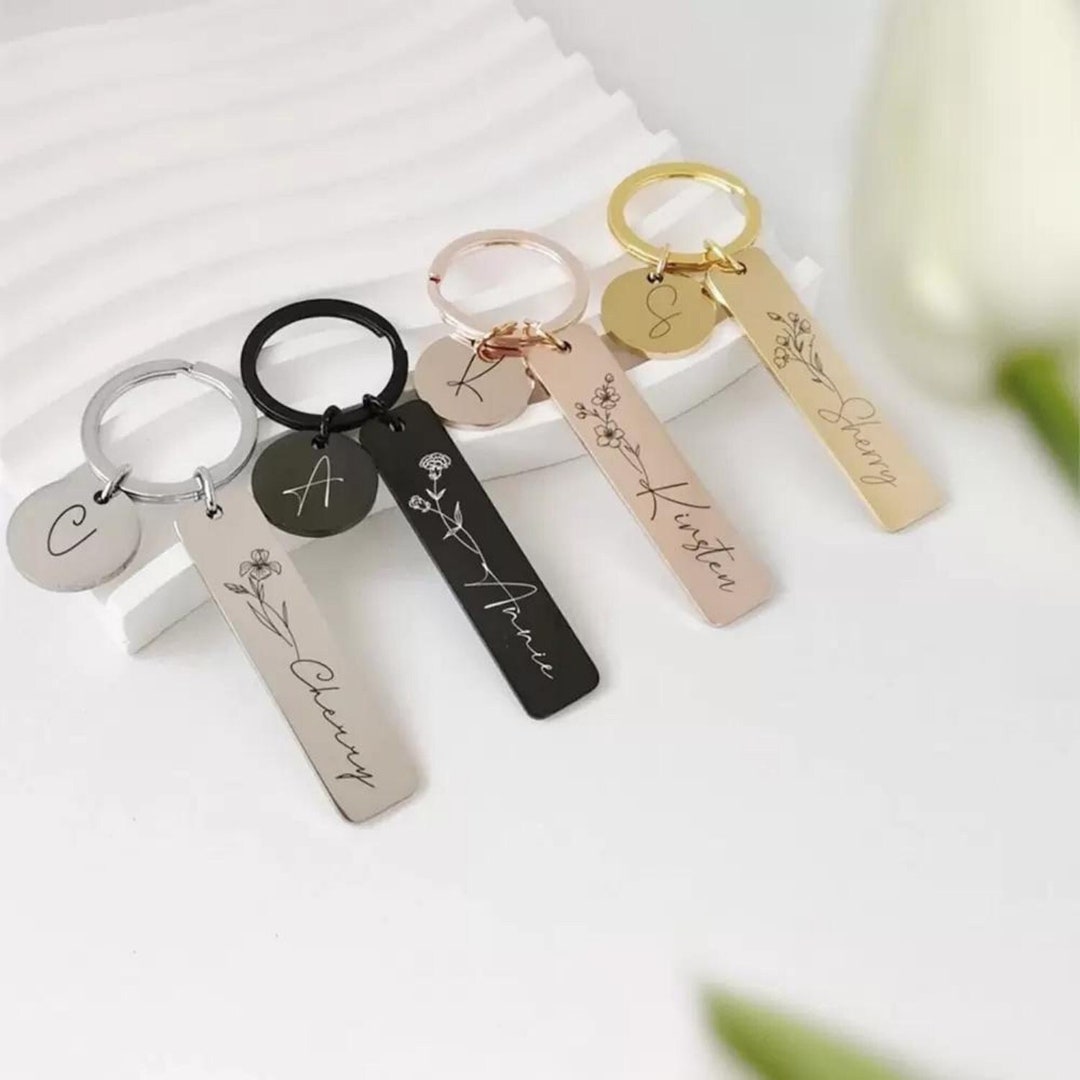 Personalized Name Birth Flower Keychain Engraved Dainty BFF Birthday ...