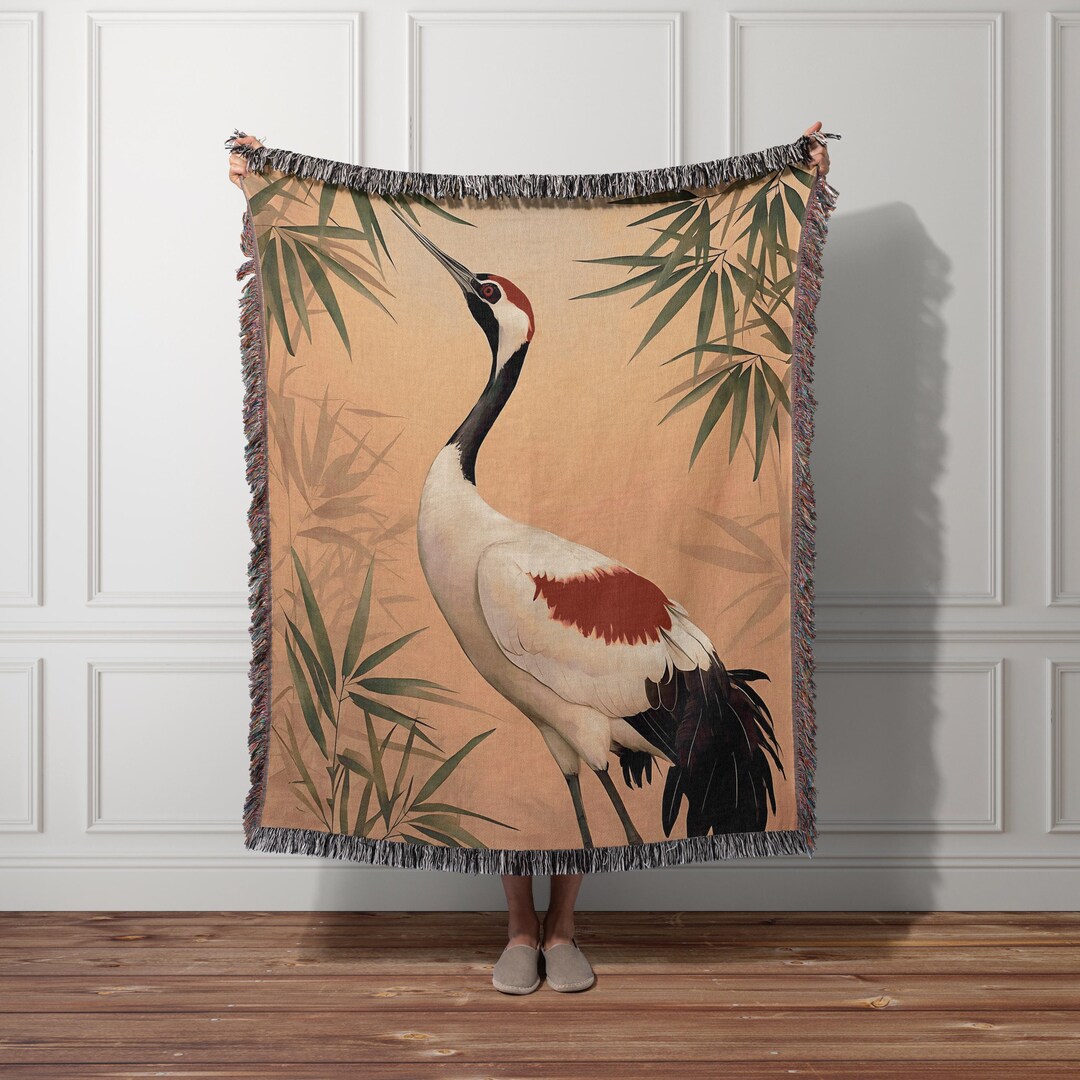 Japanese Crane Woven Blanket Vintage Tapestry Wall Hanging Bamboo Cozy ...