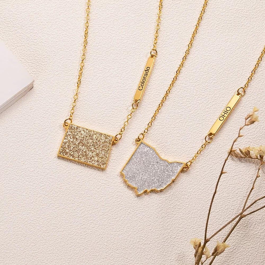 Personalized US State Necklace Custom Glitter Resin Pendant Silver Rose ...