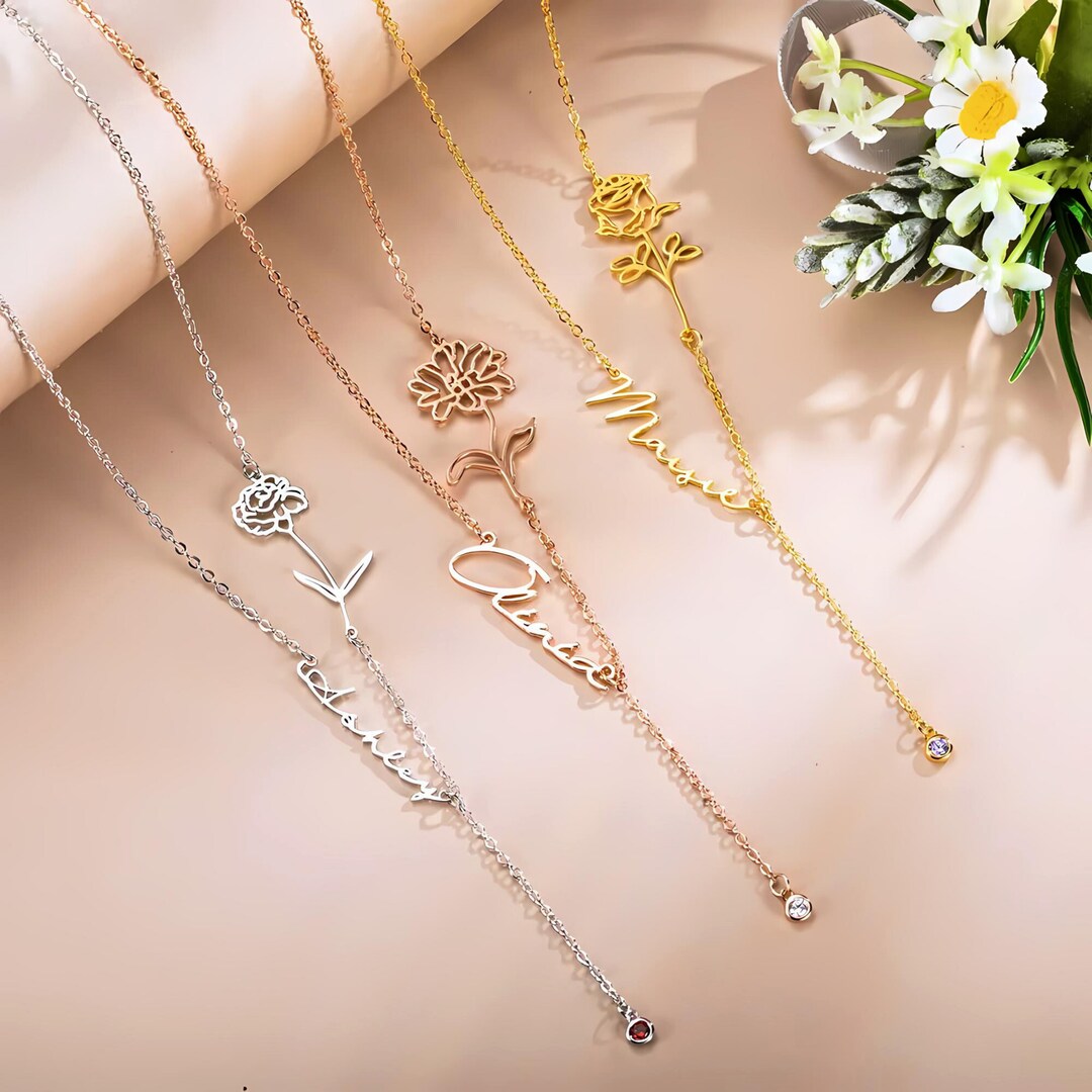 Personalized Name Birth Flower Necklace Custom Birthstone Floral Dainty ...