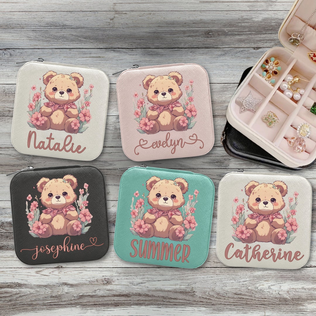 Custom Name Jewelry Box Travel Case Personalized Bear Floral Trinket ...