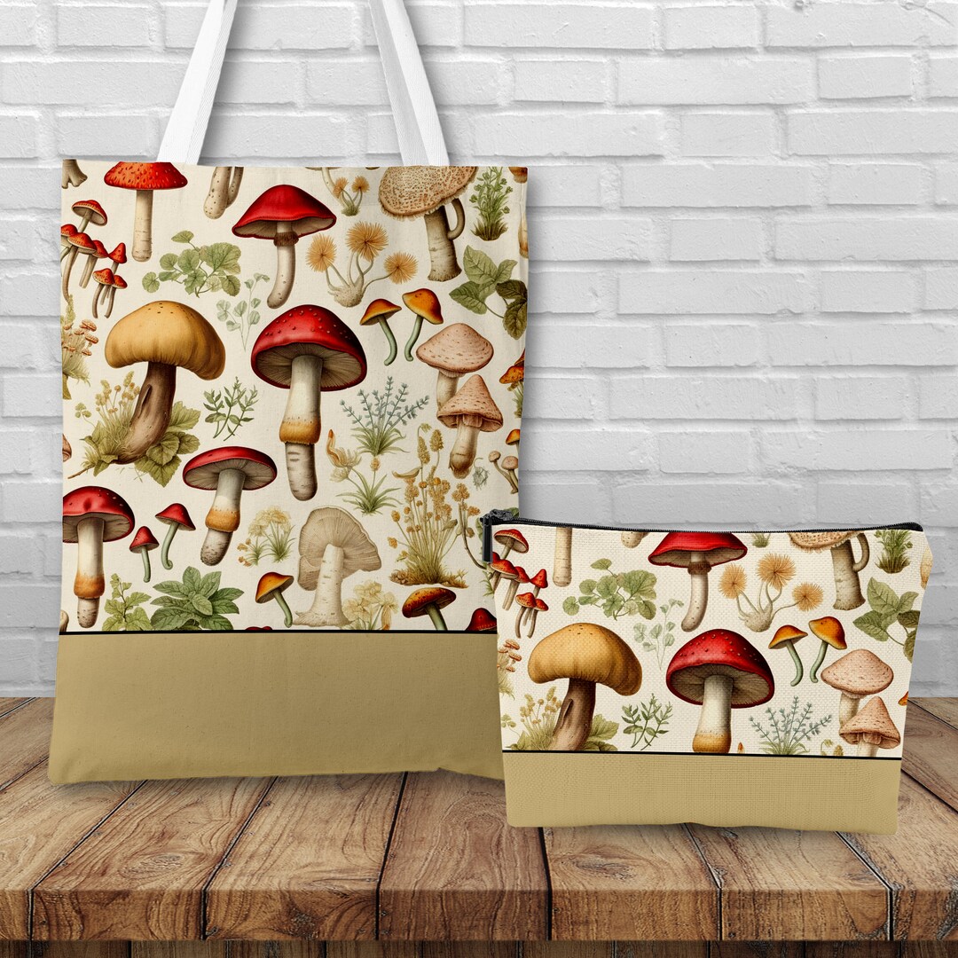 SET Tote Bag + Makeup Pouch Witchy Vintage Cottagecore Mushroom Art ...