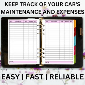 Printable Vehicle Maintenance Log Book Expense Tracker Planner Check ...