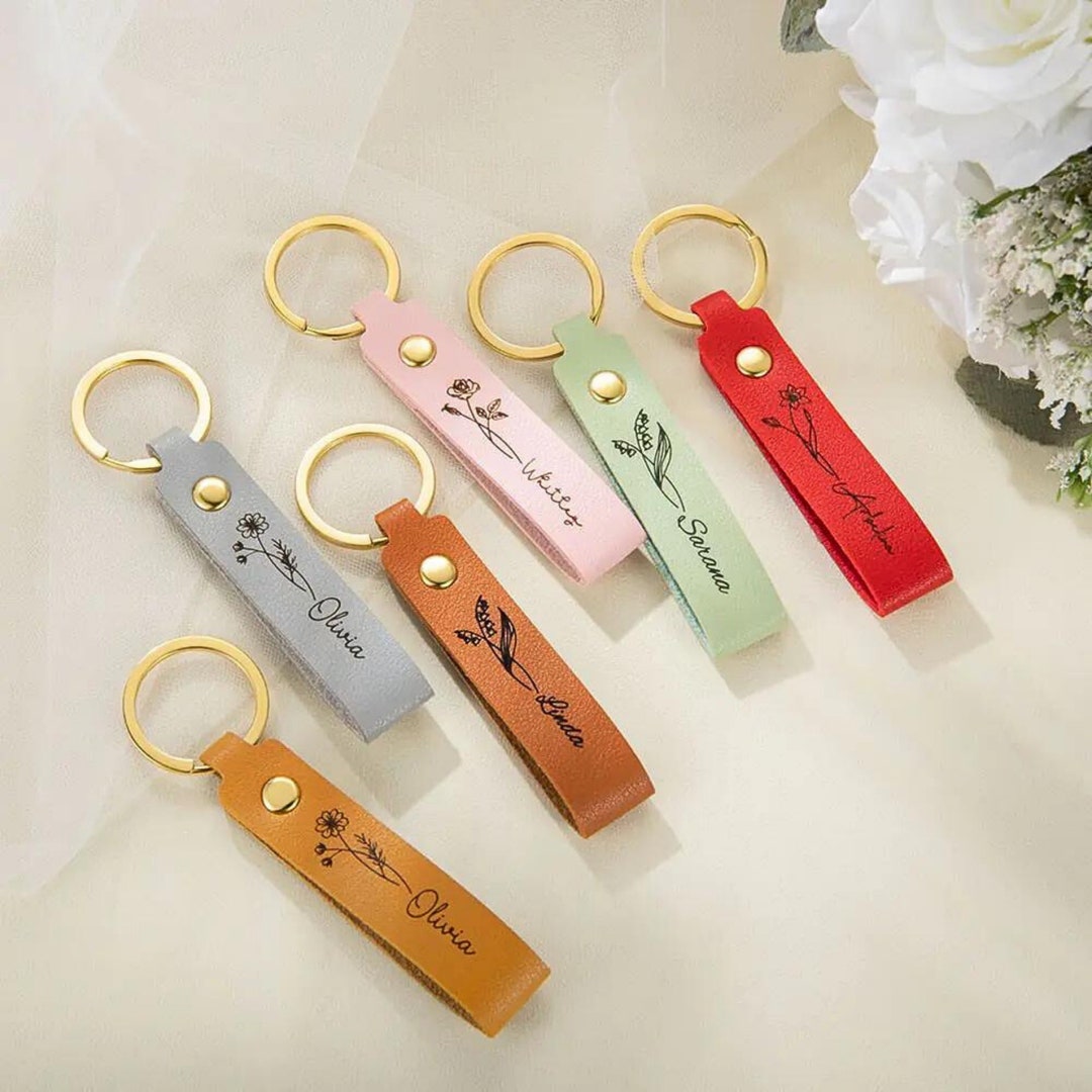 Custom Birth Flower Name Keychain Personalized Leather Key Fob Ring ...