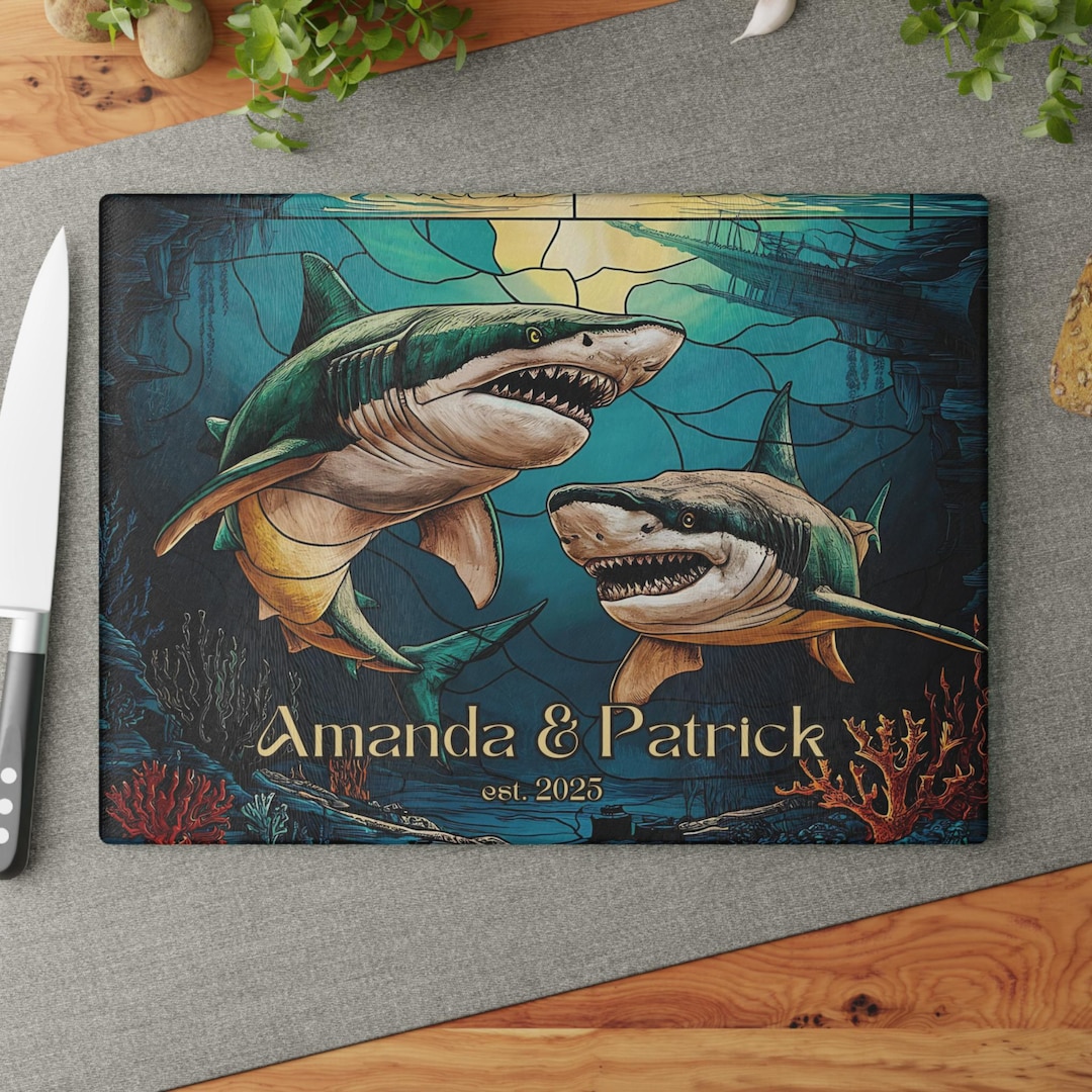 Personalized Couple Sharks Glass Cutting Board Custom Name Charcuterie ...