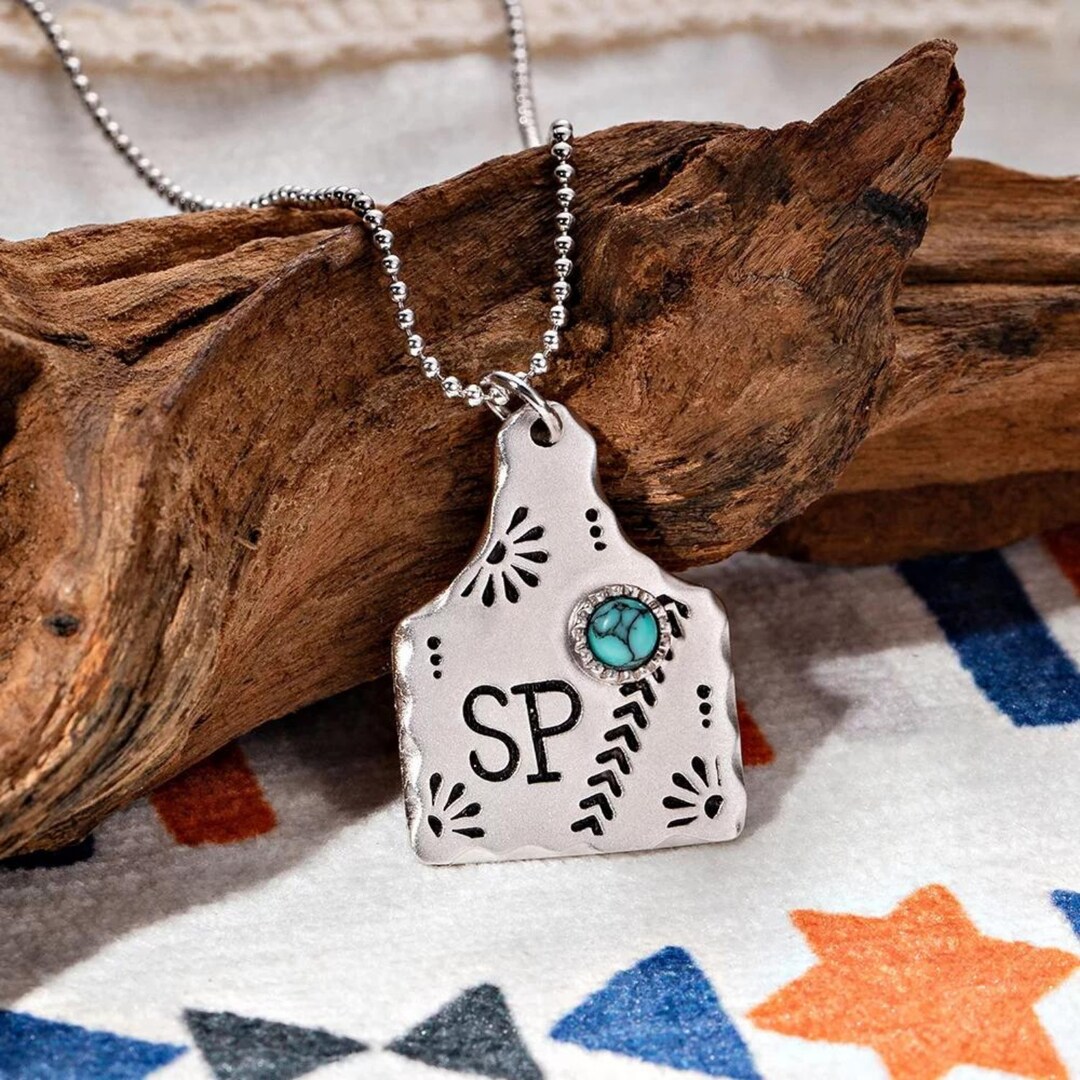 Personalized Cow Tag Name Necklace Boho Turquoise Gemstone South ...