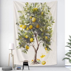 Boho Watercolor Lemon Tree Tapestry Wall Hanging Home Decor Citrus ...