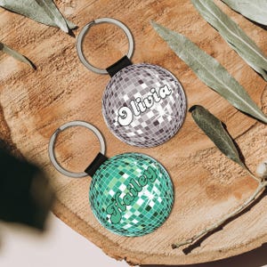 Custom Name Disco Ball Keychain Personalized Retro Leather Keyring 70s ...