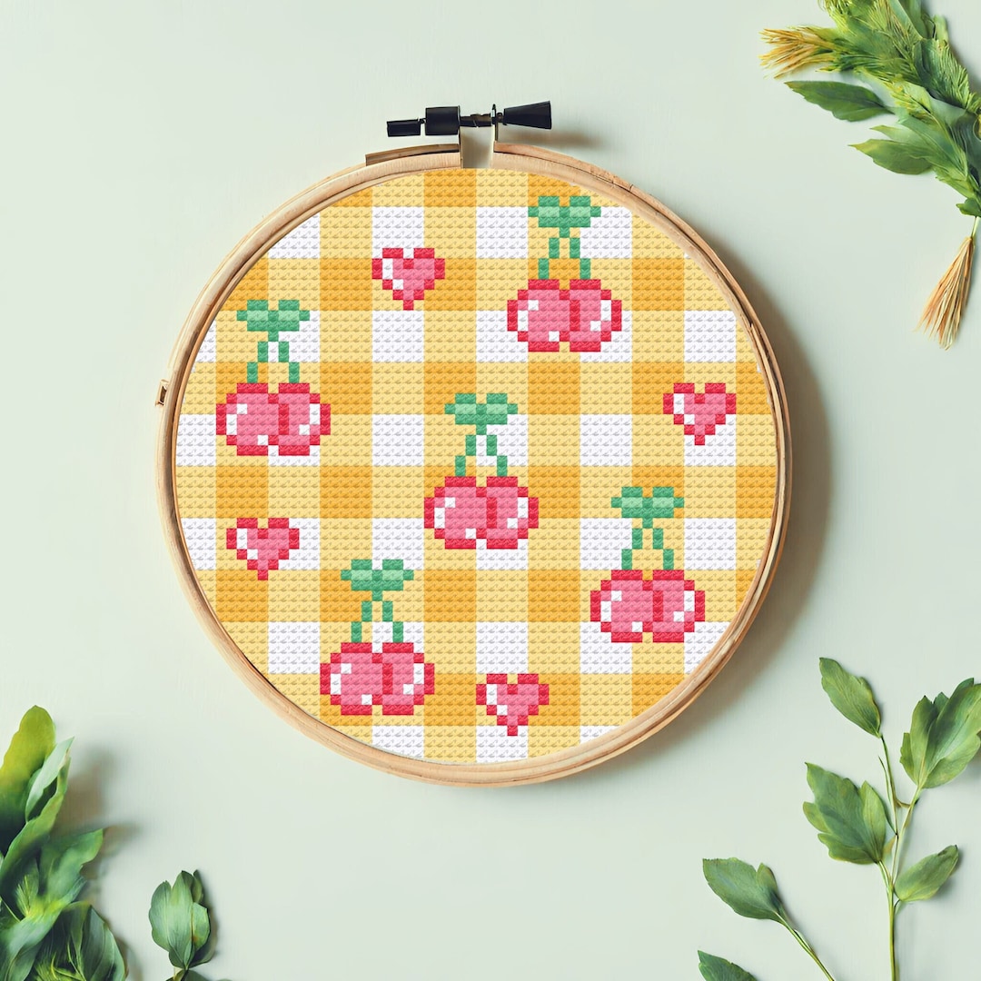 Gingham Cherries Cross Stitch Pattern - Cherry Picnic Cross Stitch ...