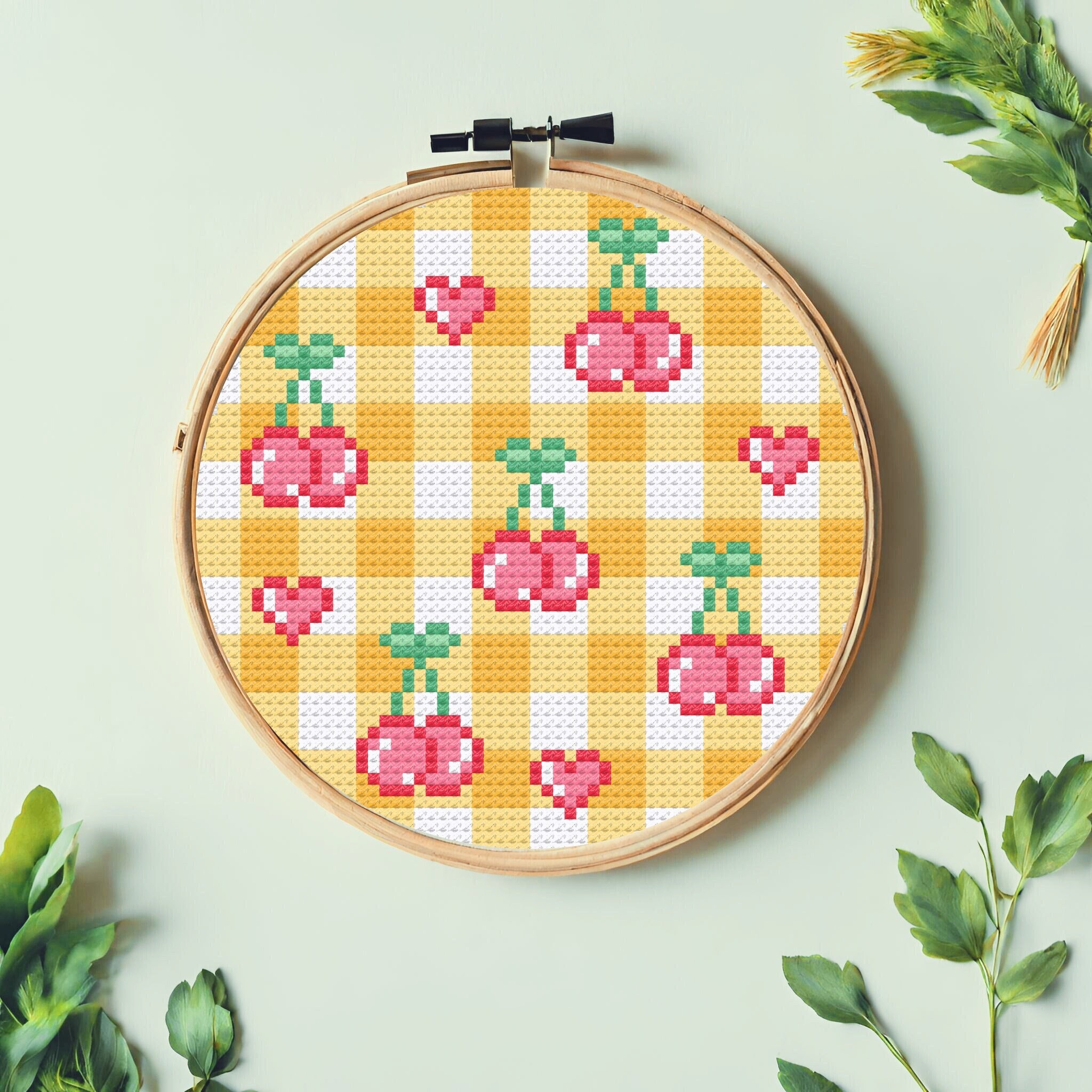 Gingham Cherries Cross Stitch Pattern - Cherry Picnic Cross Stitch ...