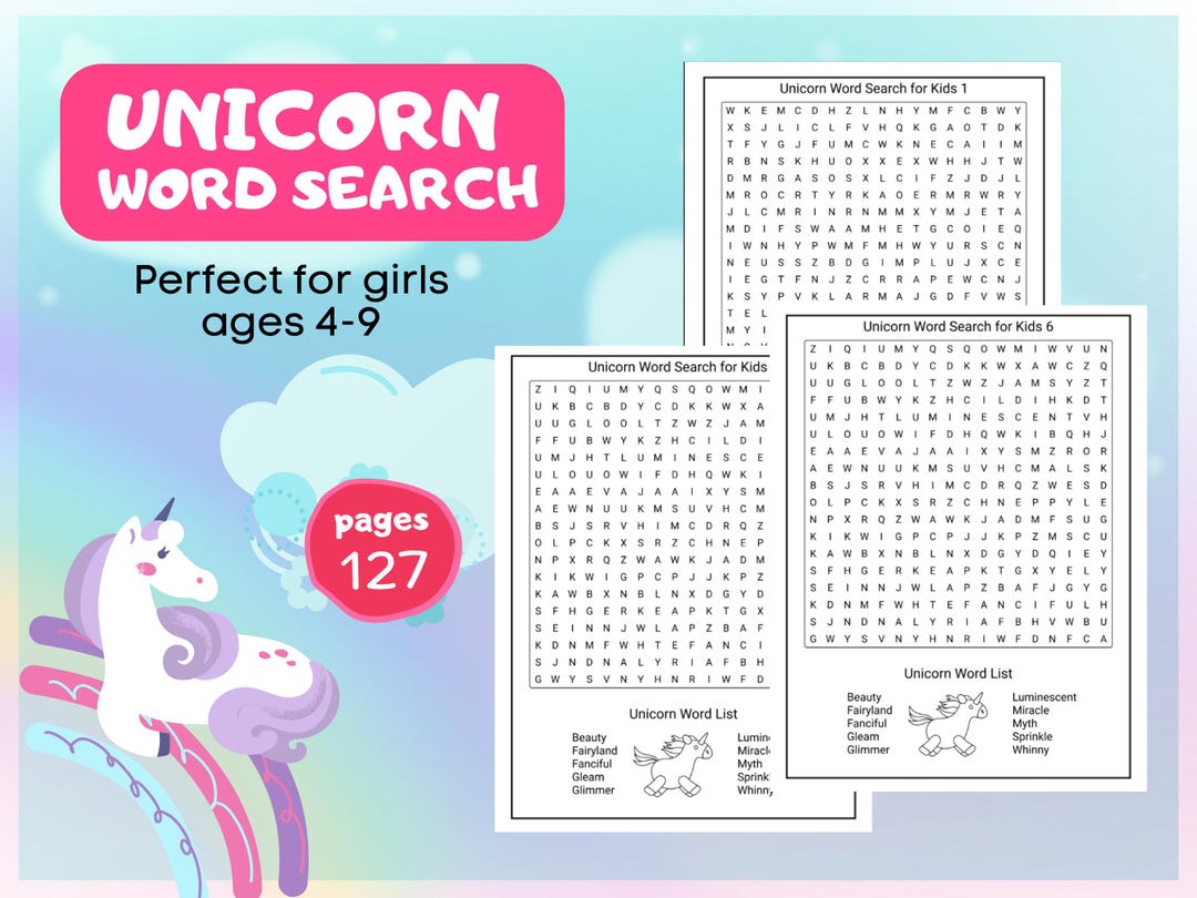 Unicorn Word Search Printable for Kids – 127 Pages | Fun Activity Book ...