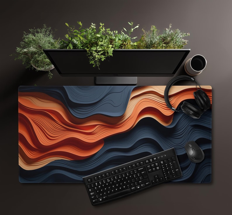 Abstract Topographic Desk Mat Navy Blue Orange Map Topo Pad Geographic ...