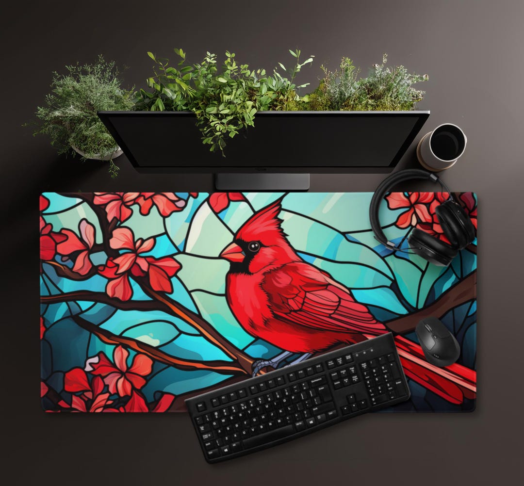 Stained Glass Design Cardinal Mousepad Desk Protector Mat Bird Red Bird ...