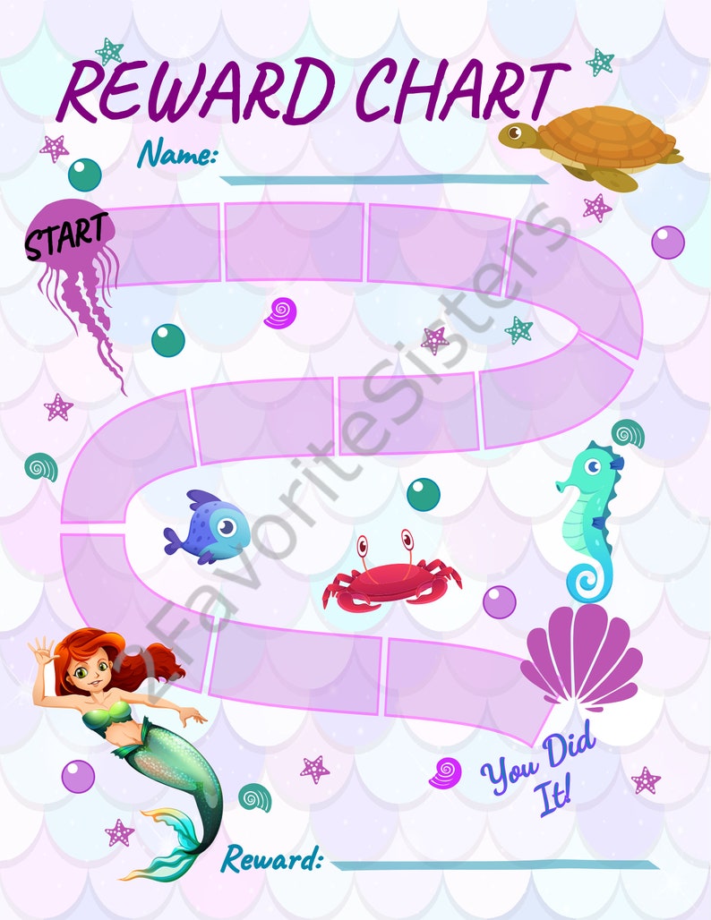 Mermaid Reward Chart Kids Girl Tracker Chore Encouragement Potty Fun ...