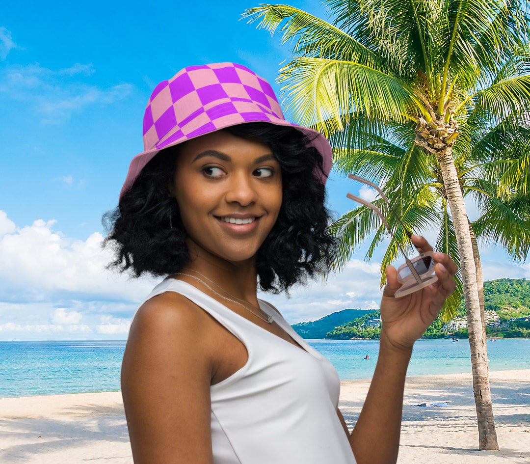 Checker Bucket Hat Retro Reversible Checkerboard Pink and Lavender ...