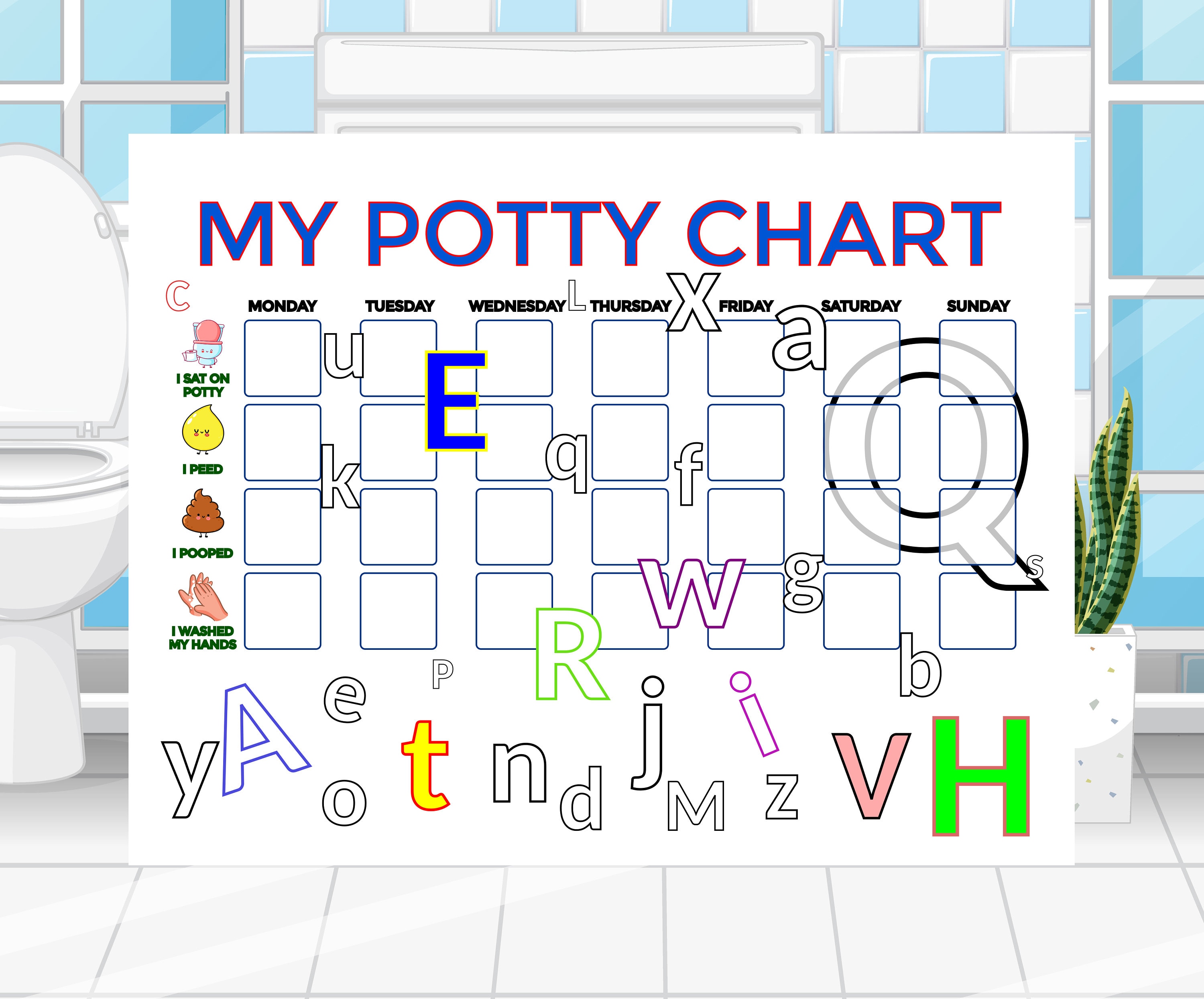 Letters Potty Training Chart Printable Cute Fun Colors Instant Download ...