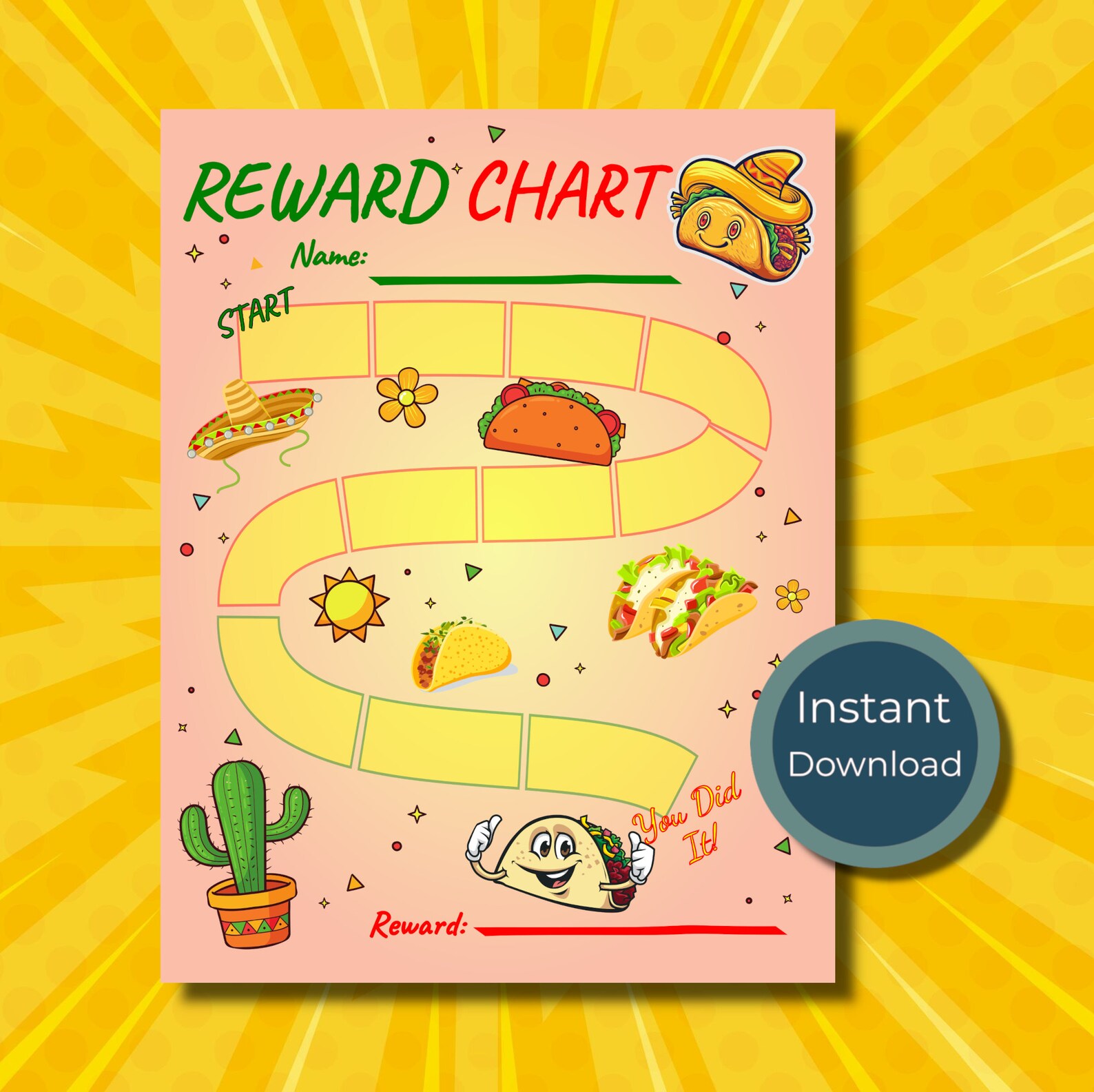 Taco Reward Chart Kids Boy Girl Tracker Chores Potty Fun Food Lover ...
