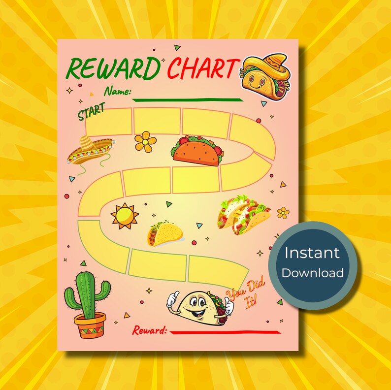 Taco Reward Chart Kids Boy Girl Tracker Chores Potty Fun Food Lover ...