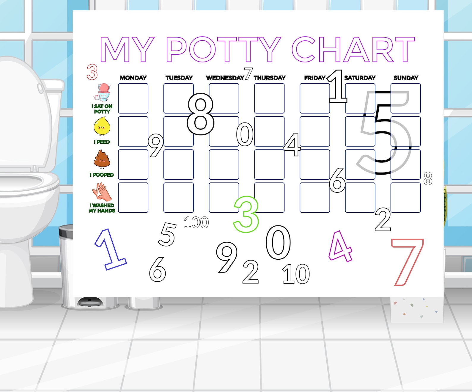 Numbers Potty Training Chart Printable Cute Fun Colors Instant Download ...