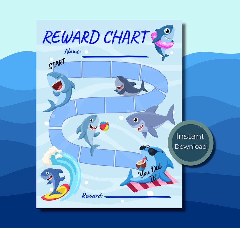 Shark Reward Chart Kids Girl Tracker Chores Encouragement Potty Fun ...