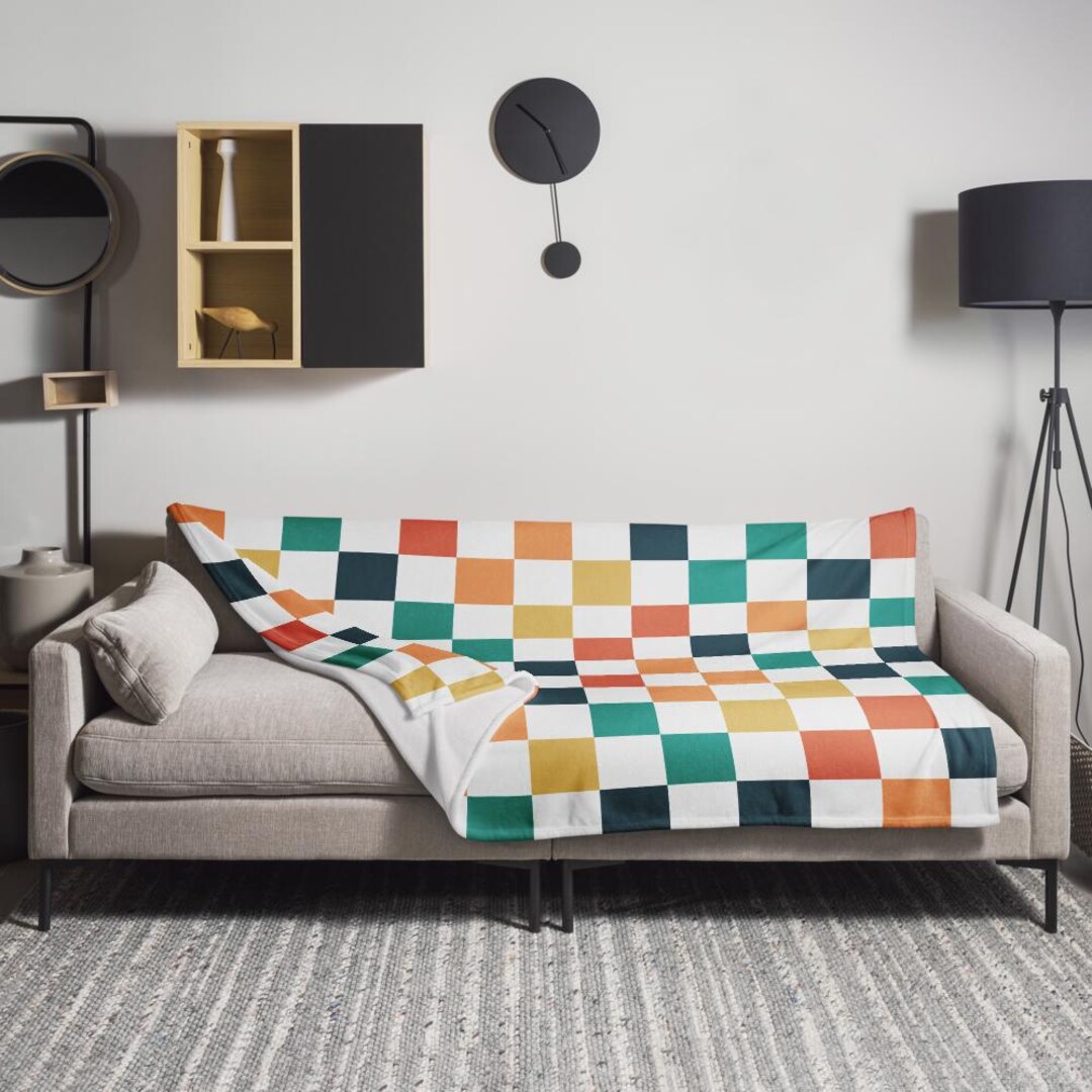 Retro Checkerboard Throw Blanket: Orange Teal Green Grid - Modern Home ...