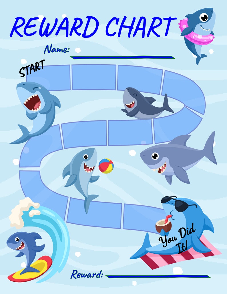 Shark Reward Chart Kids Girl Tracker Chores Encouragement Potty Fun ...