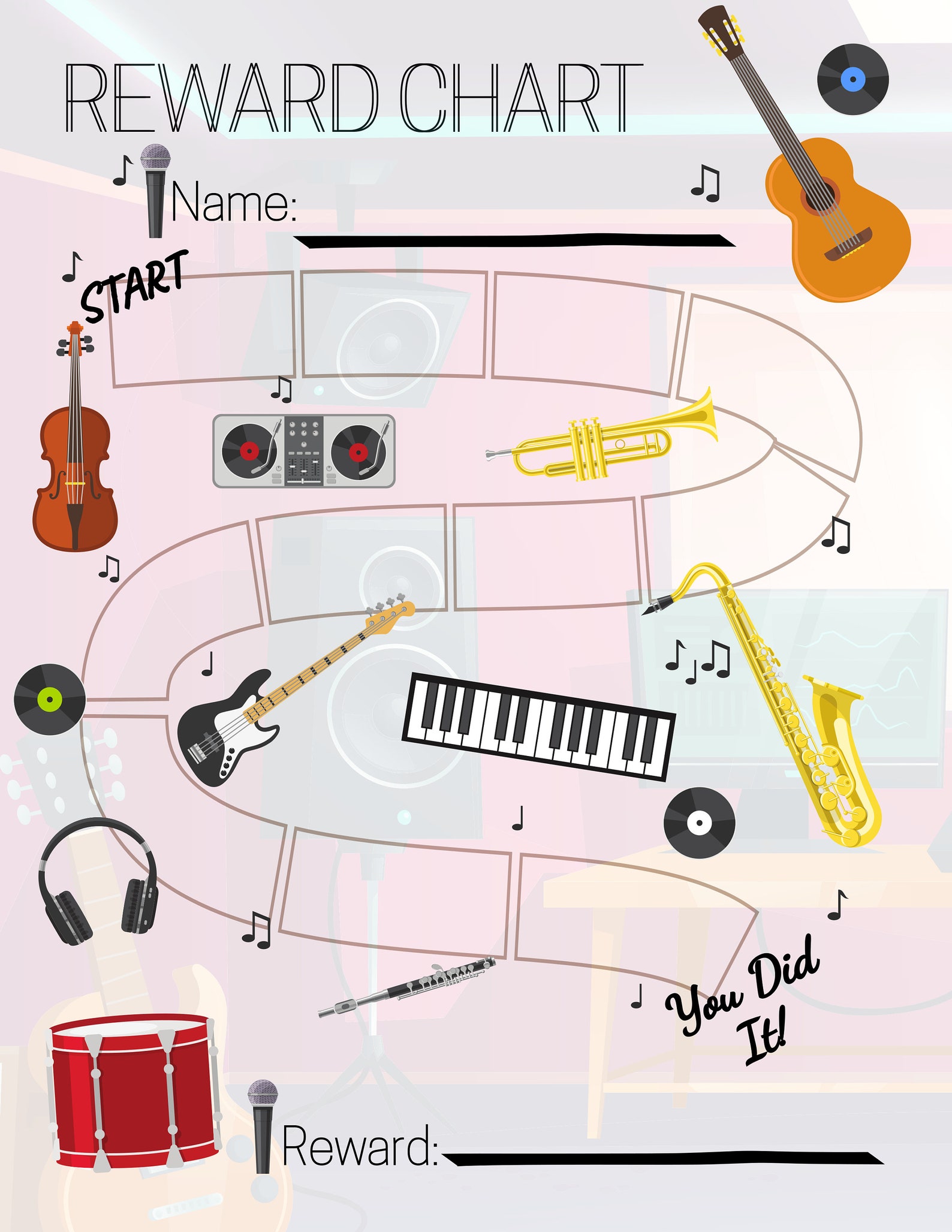 Music Reward Chart Kids Practice Tracker Chore Chart Encouragement ...