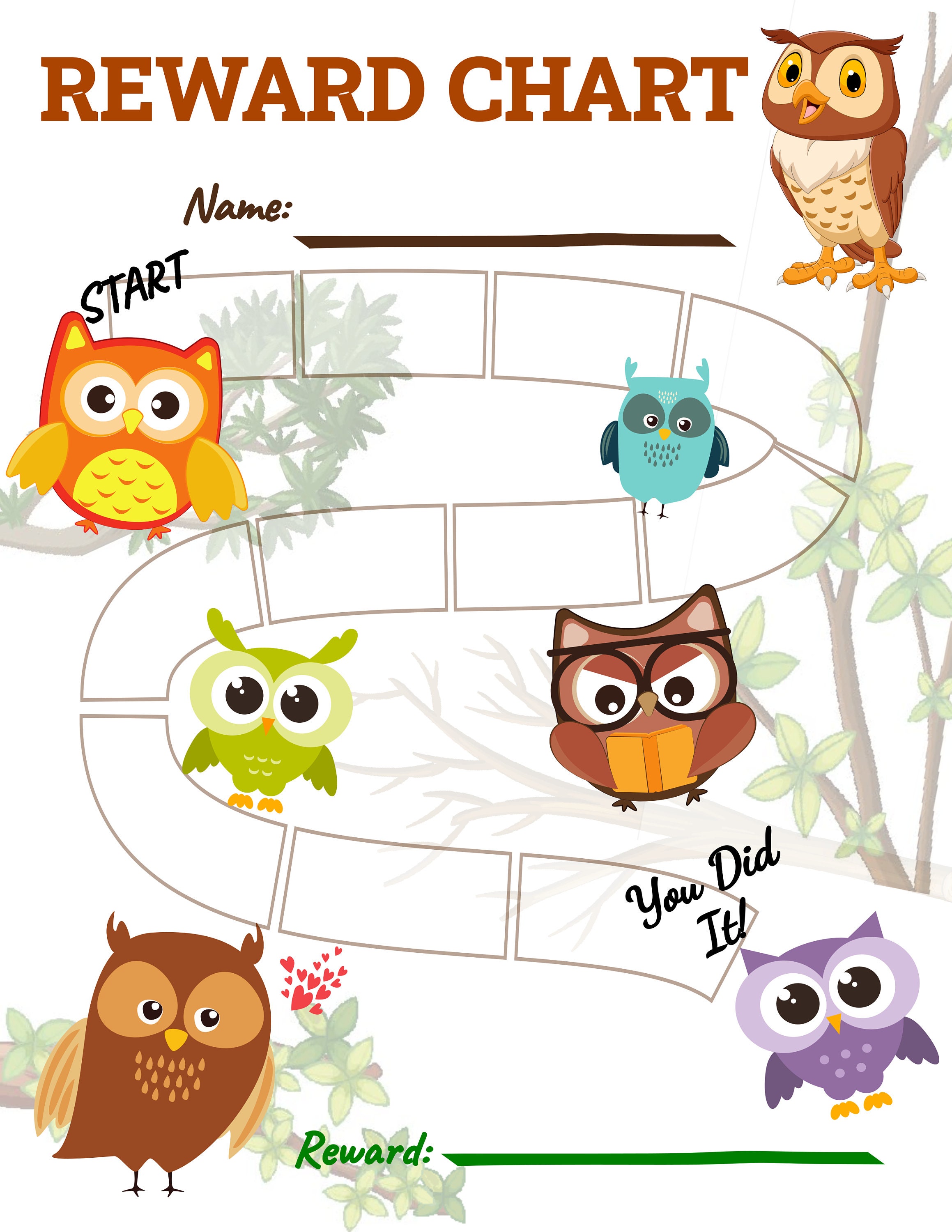 Owl Reward Chart, Kids, Girl, Boy, Tracker, Chores, Encouragement ...
