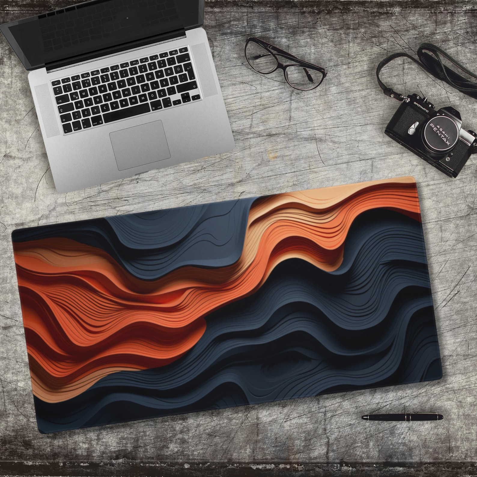 Abstract Topographic Desk Mat Navy Blue Orange Map Topo Pad Geographic ...
