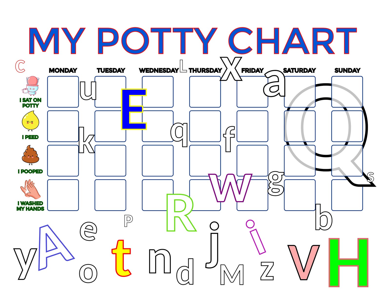 Letters Potty Training Chart Printable Cute Fun Colors Instant Download ...