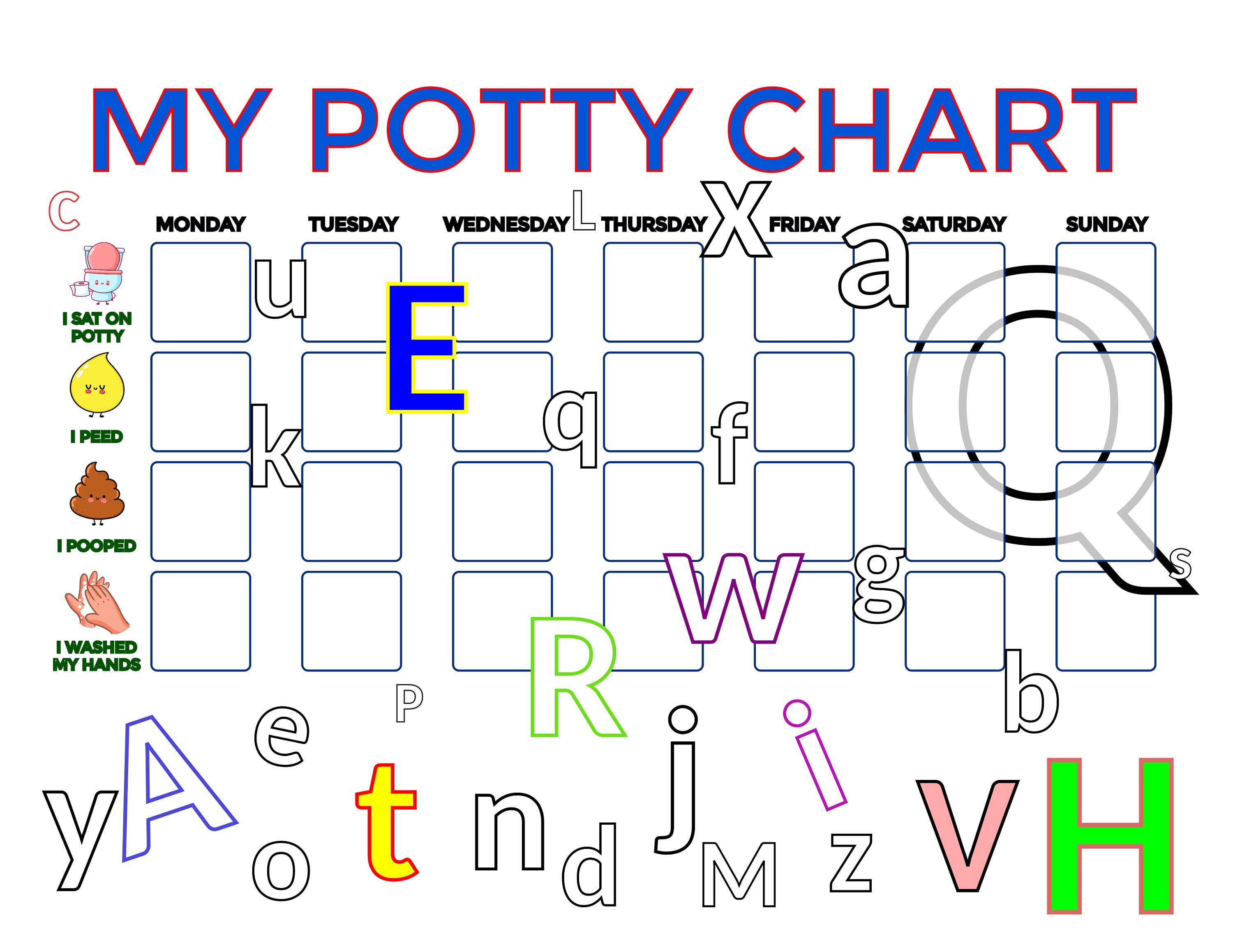 Letters Potty Training Chart Printable Cute Fun Colors Instant Download ...