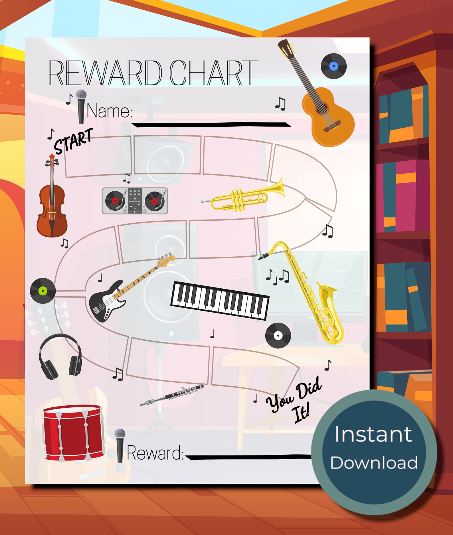 Music Reward Chart Kids Practice Tracker Chore Chart Encouragement ...