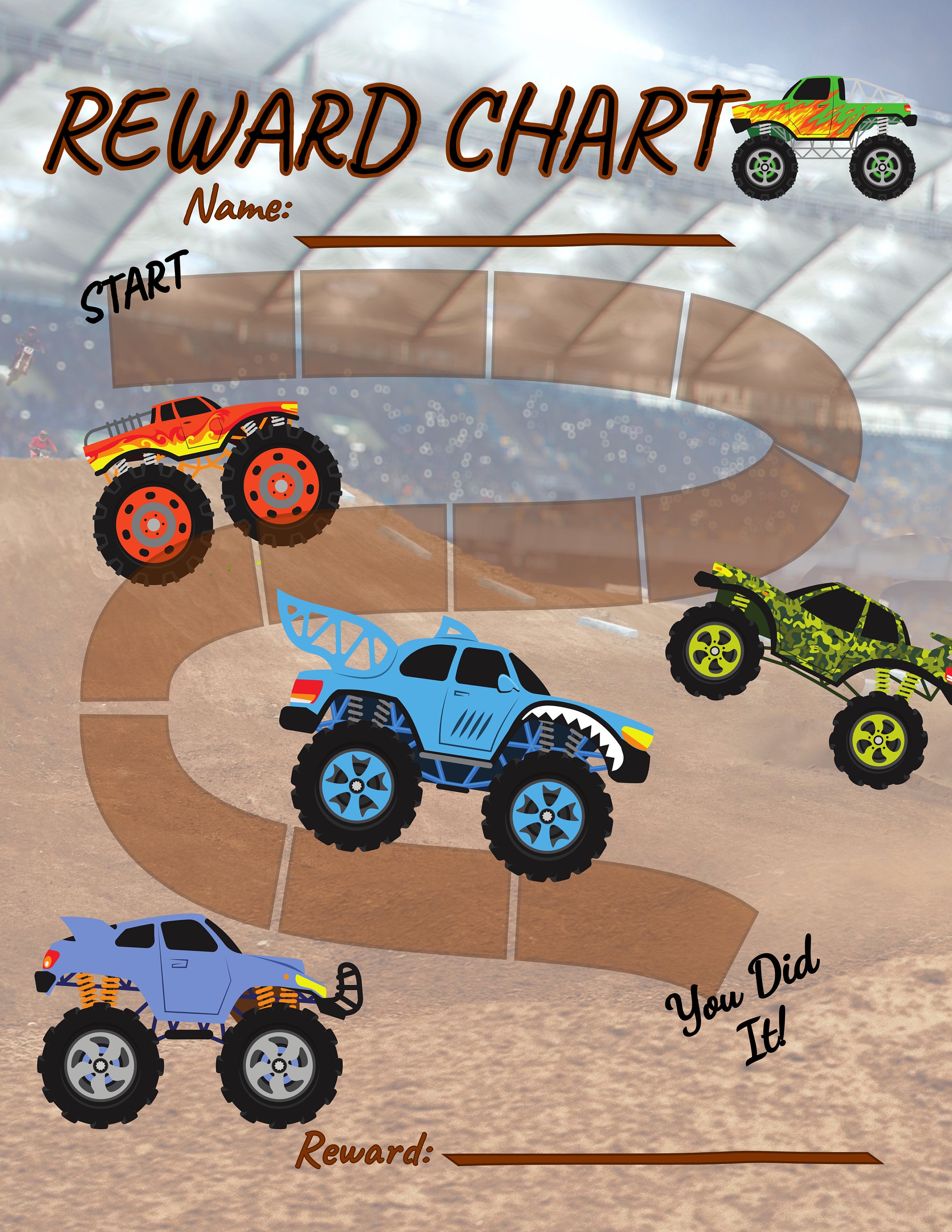 Monster Truck Reward Chart Kids Boy Tracker Chores Potty Fun Instant ...