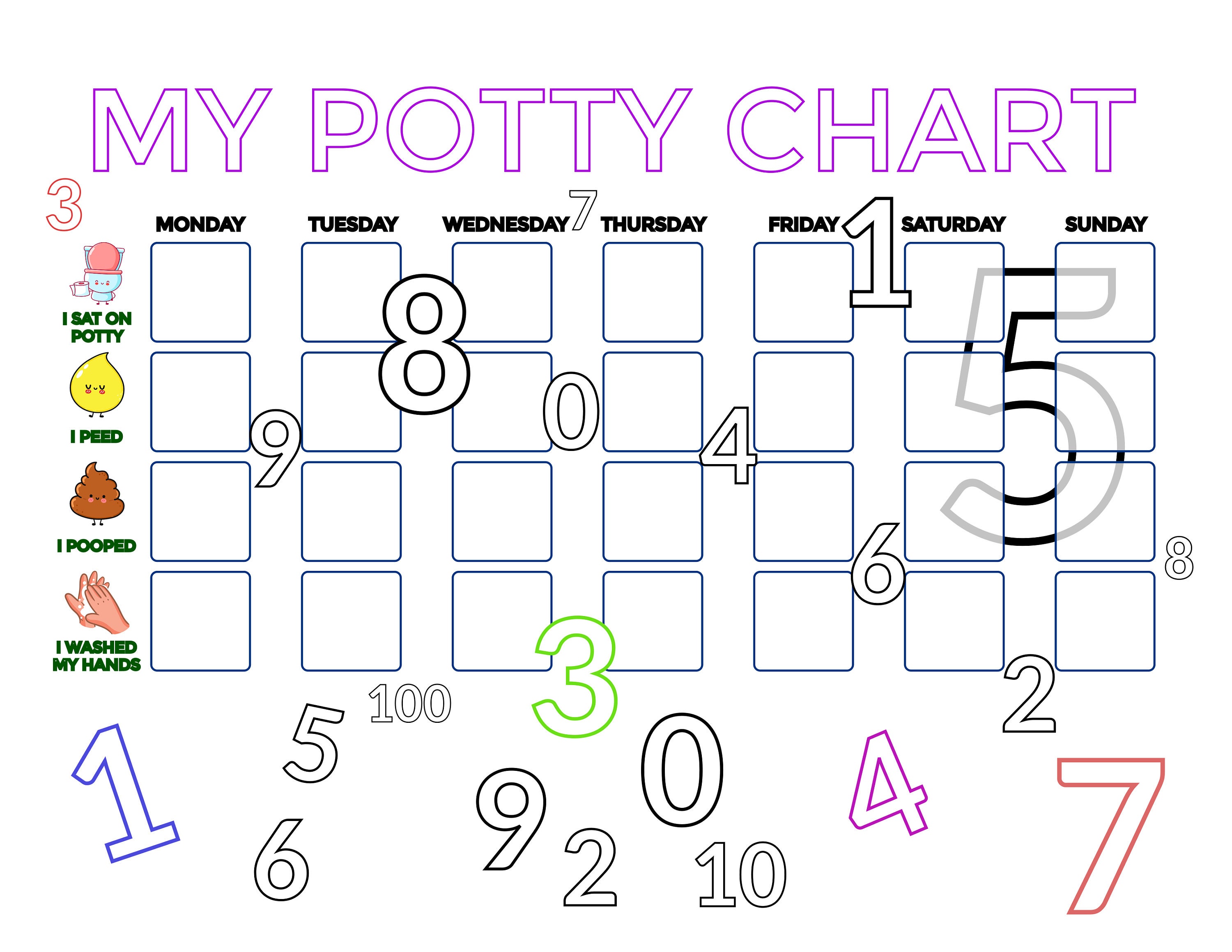 Numbers Potty Training Chart Printable Cute Fun Colors Instant Download ...
