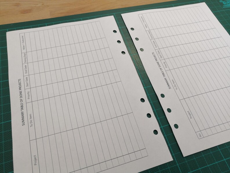 A5 Project Planner Printable Insert, Summary Table of Done Projects ...