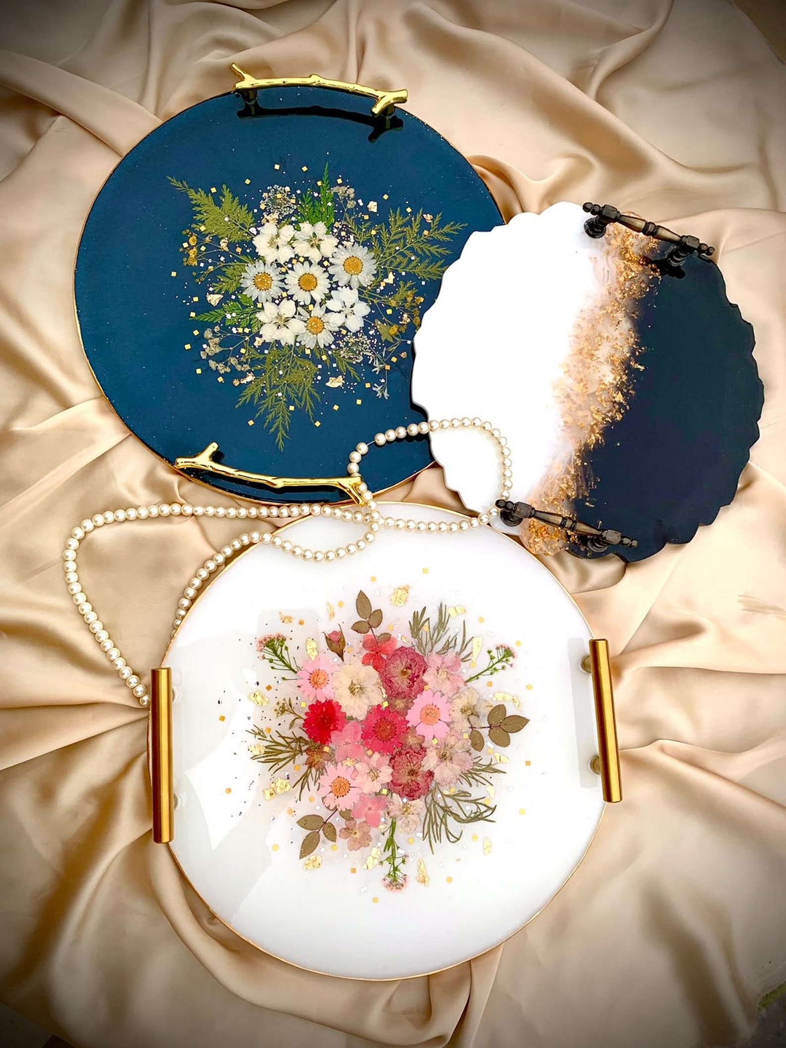 Dried Flowers Resin Tray With Handles, Decorative Vanity Tray, Gift for ...