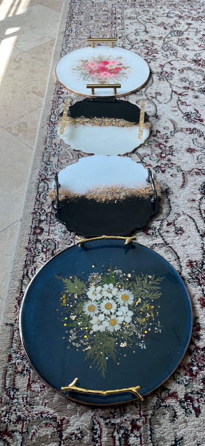 Dried Flowers Resin Tray With Handles, Decorative Vanity Tray, Gift for ...