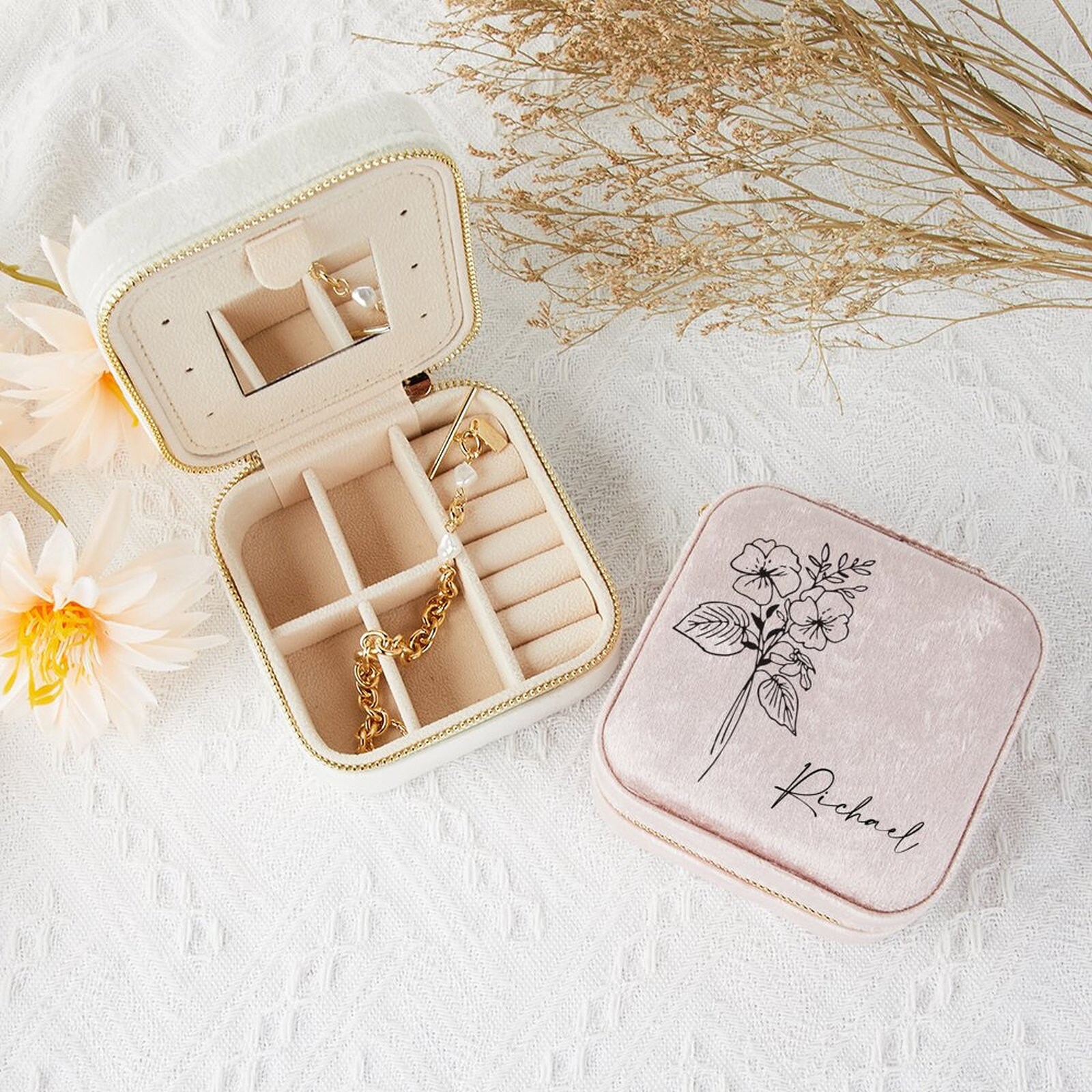 Personalized Birth Flower Jewelry Box, Custom Velvet Jewelry Travel Box ...