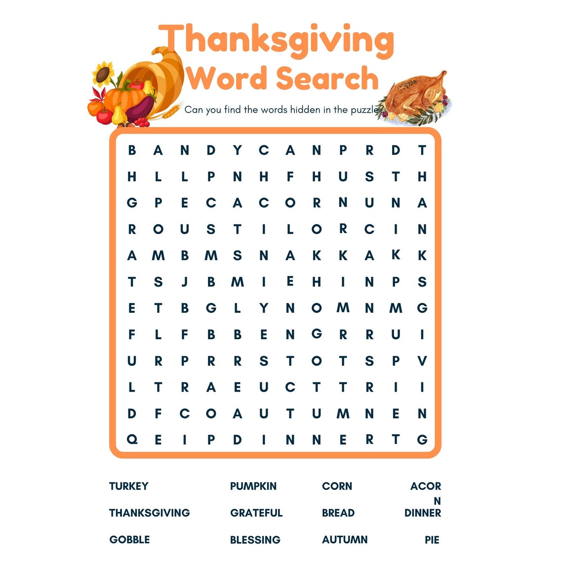 Thanksgiving Themed Word Search 8.5 X 11 Inch - Etsy
