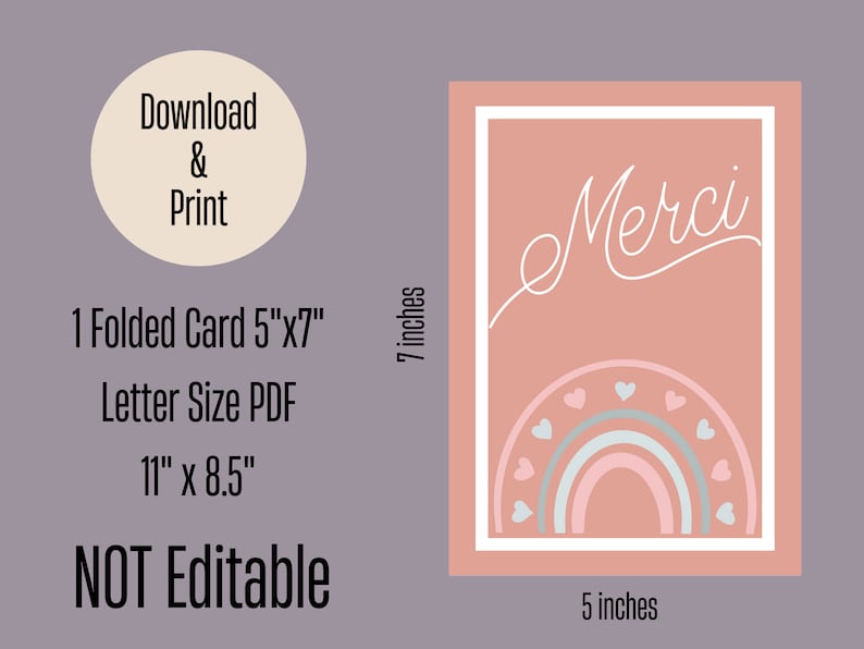 Printable Thank You Card, Merci Card, Printable Merci Card, Folded ...