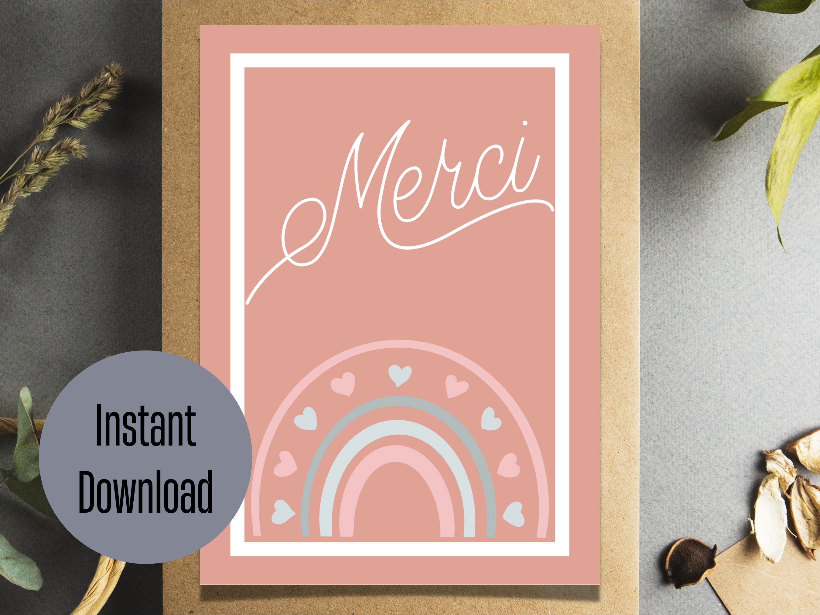 Printable Thank You Card, Merci Card, Printable Merci Card, Folded ...