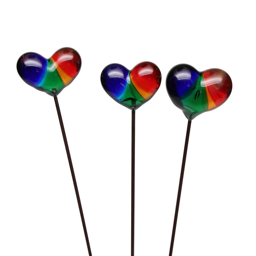 Rainbow Glass Heart Plant Stake: Handmade Lampwork Garden Decoration ...