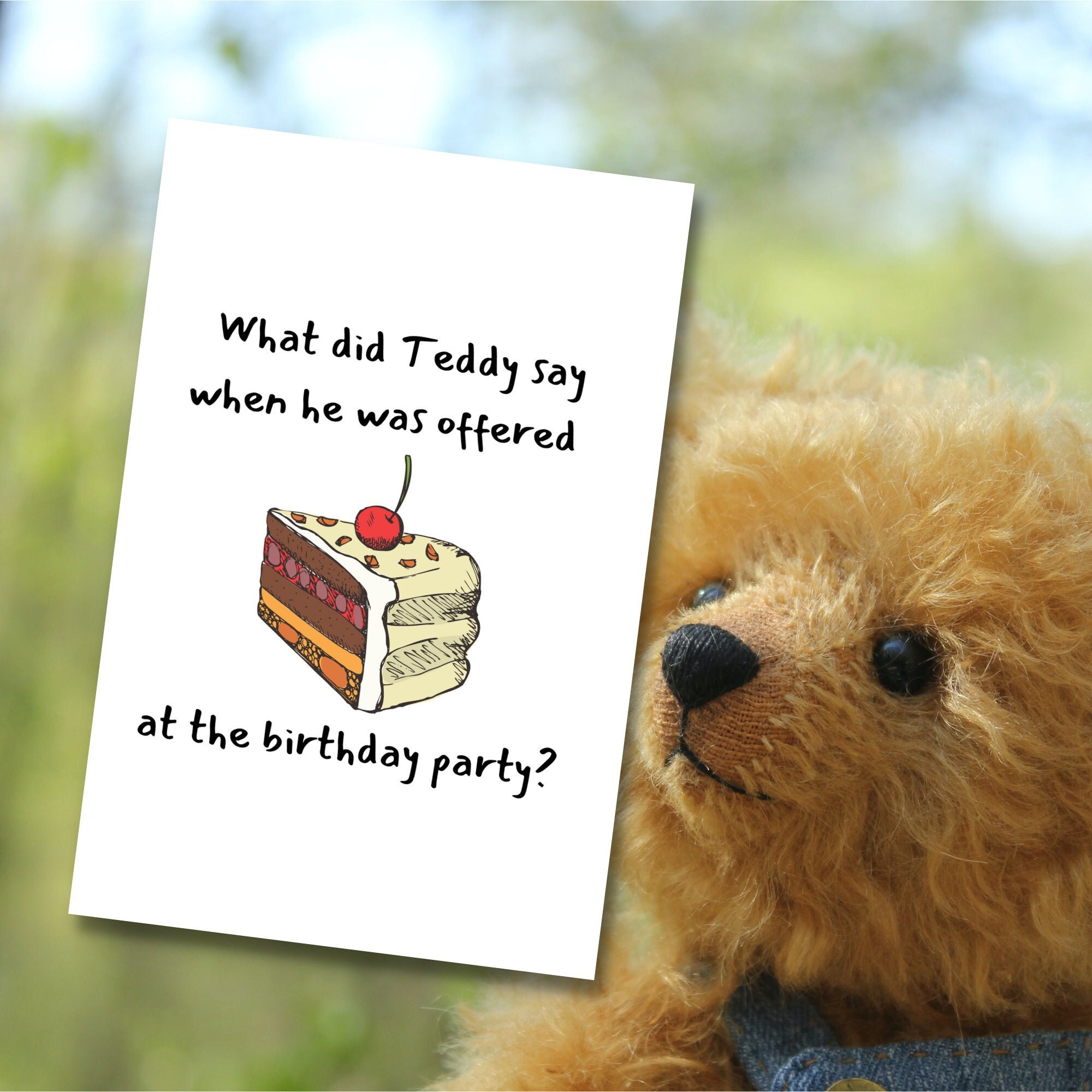 Unique Two Part Pun Birthday Card, Piece of Cake, Teddy Bear, Stuffed ...