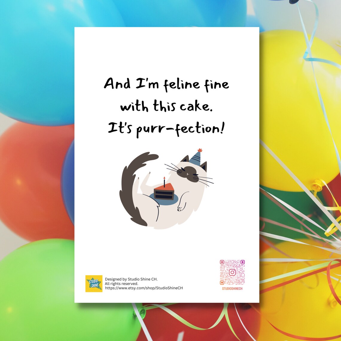 Punny Birthday Card With Cats, Tuxedo Cat With Red Balloon, Feline Fine ...