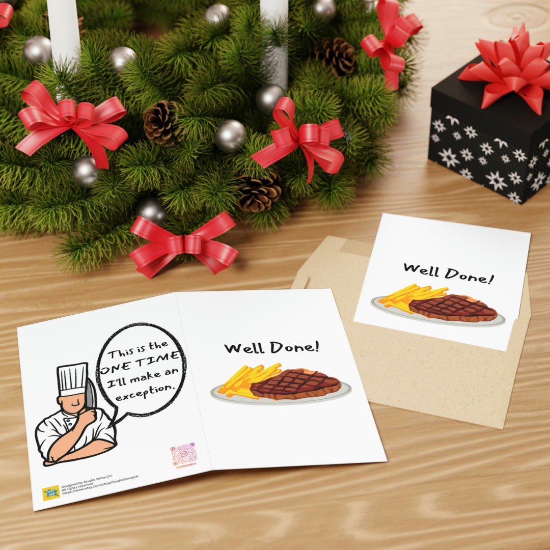Well Done Steak Congratulations Card. Funny Chef/cook With Knife Makes an Exception. Two-part ...