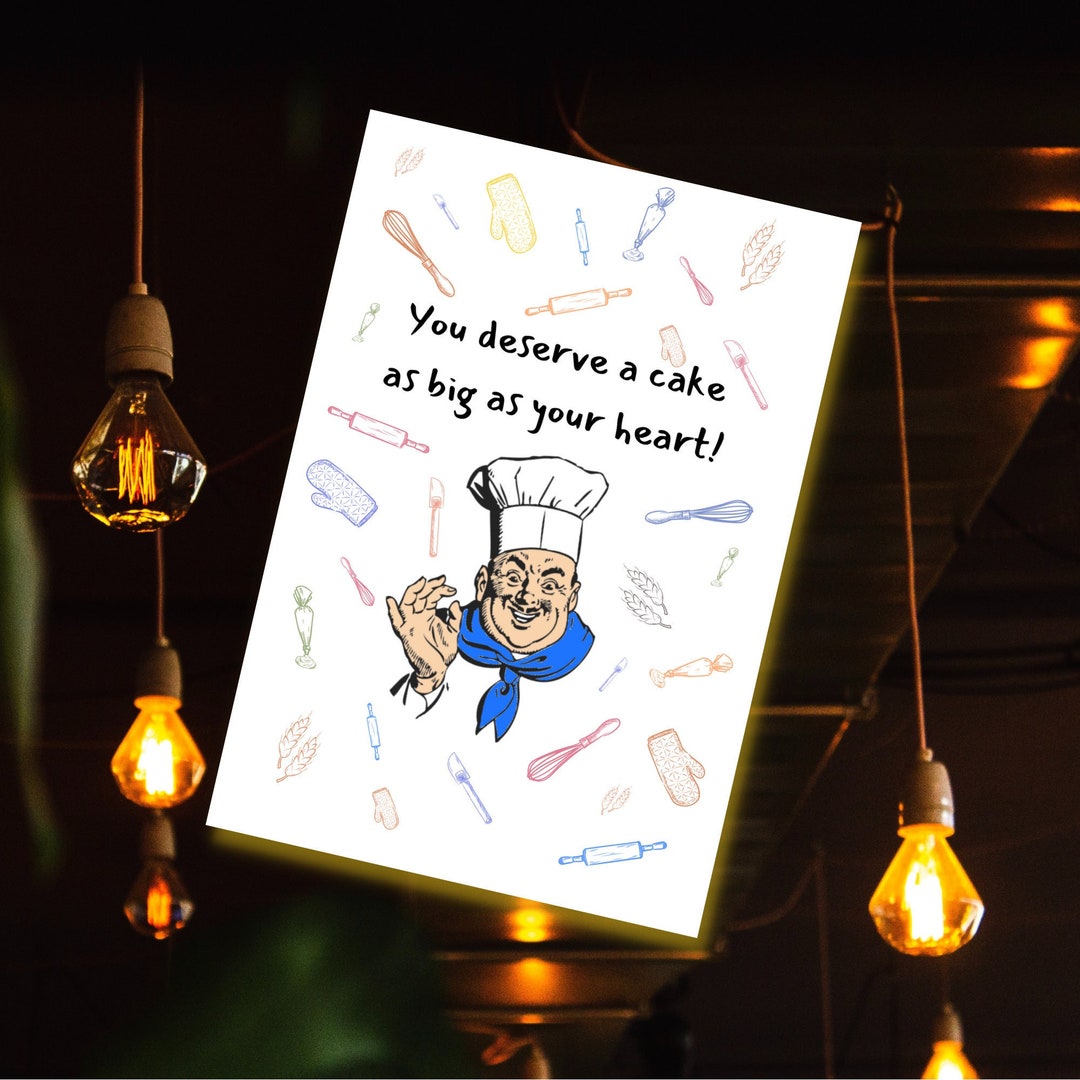 Food-themed Birthday Card, Funny Creepy Pastry Chef, Cake as Big as ...