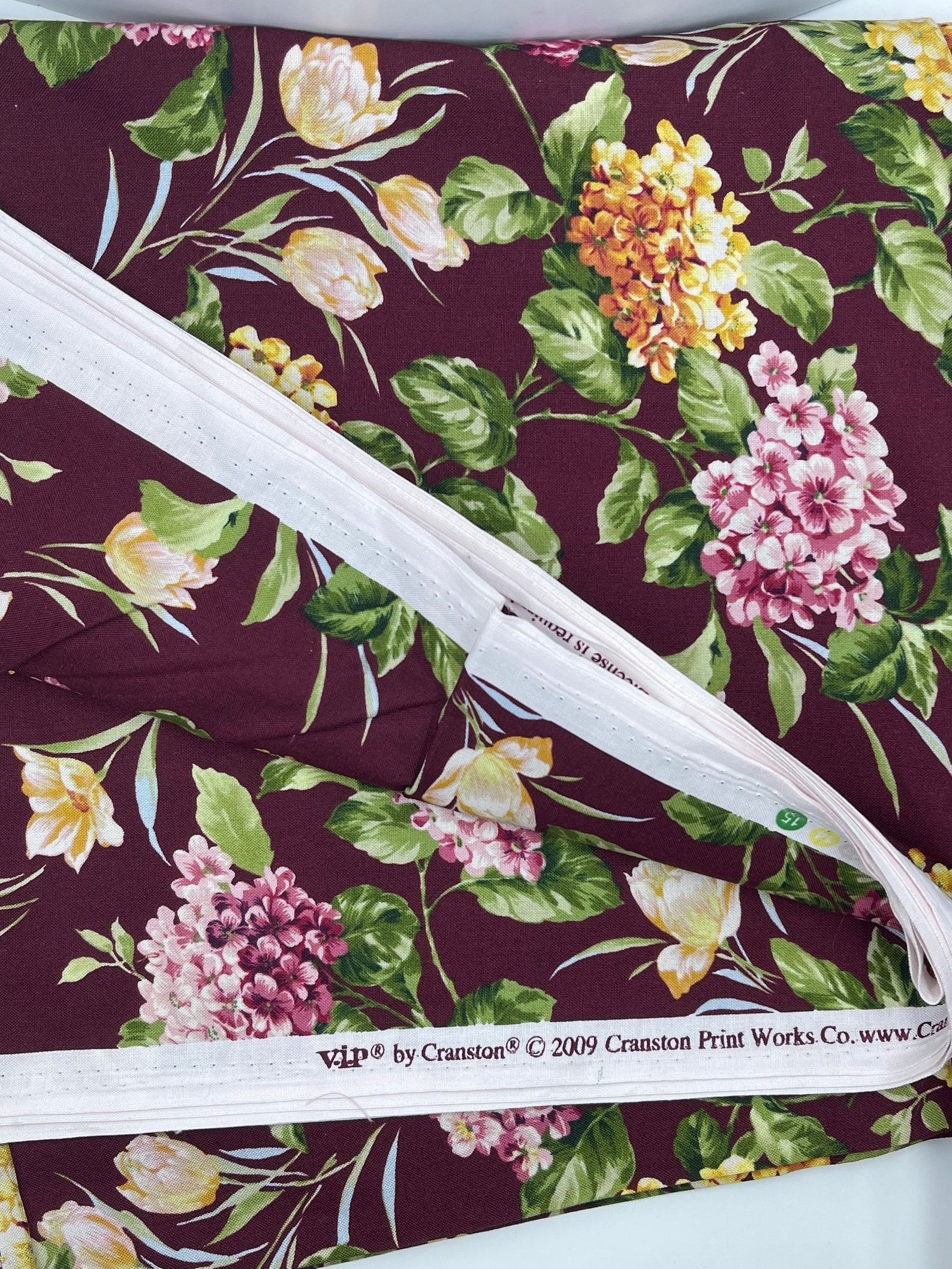 Beautiful V.I.P Cotton Fabric by Cranston-rich Burgundy BG With Pink ...