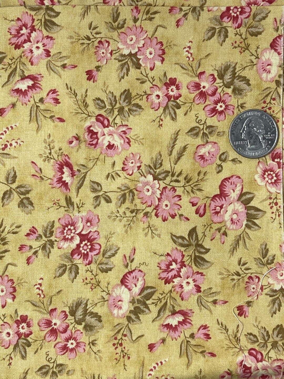 MODA 100% Cotton Fabric - Beige Background W/ Green Flora and Pink ...