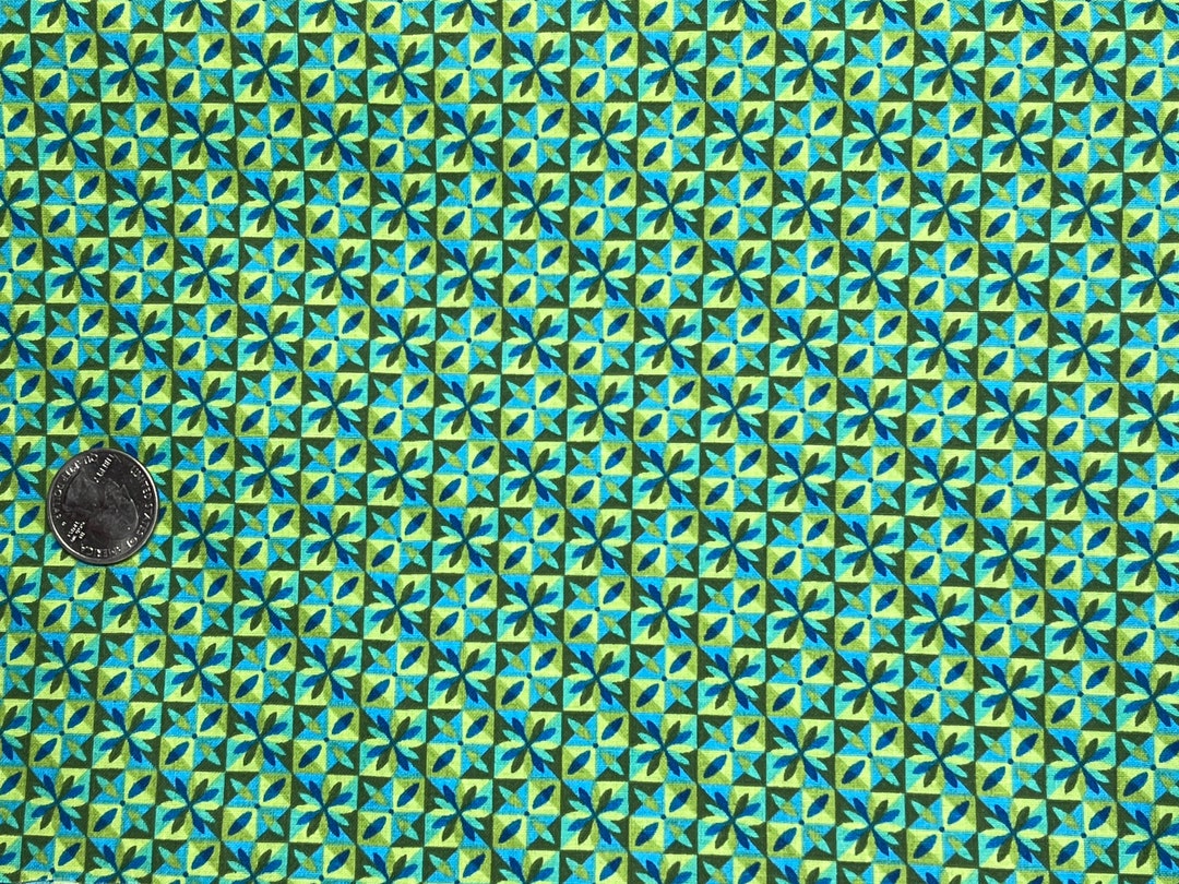 Turquoise Cotton Fabric With Yellow, Blue, and Brown Geometric Mini ...